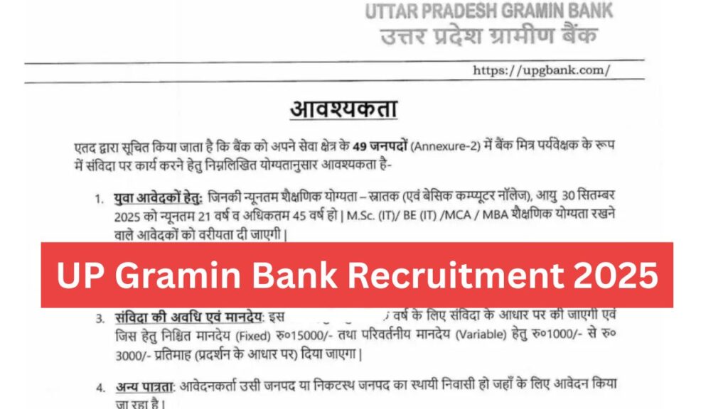 UP Gramin Bank Recruitment 2025- Last Date to Apply